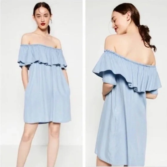Zara | Dresses | Zara Woman Premium Denim Collection Chambray Off The ...